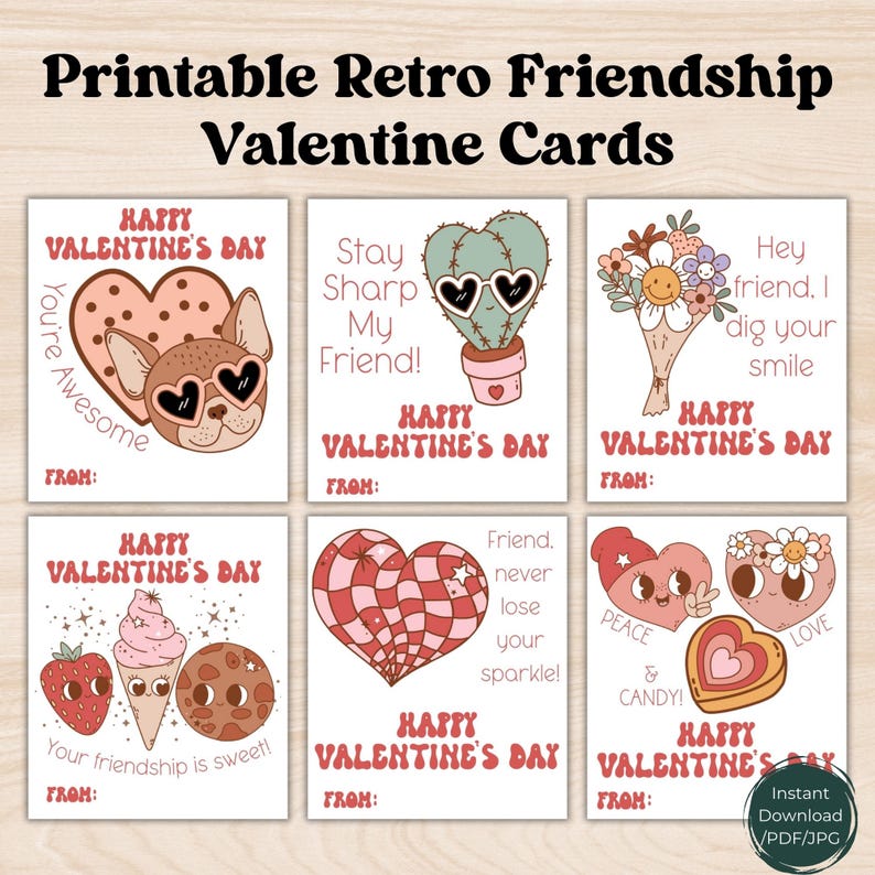 Printable 70s Retro Valentine Cards: Groovy Friendship Designs ...