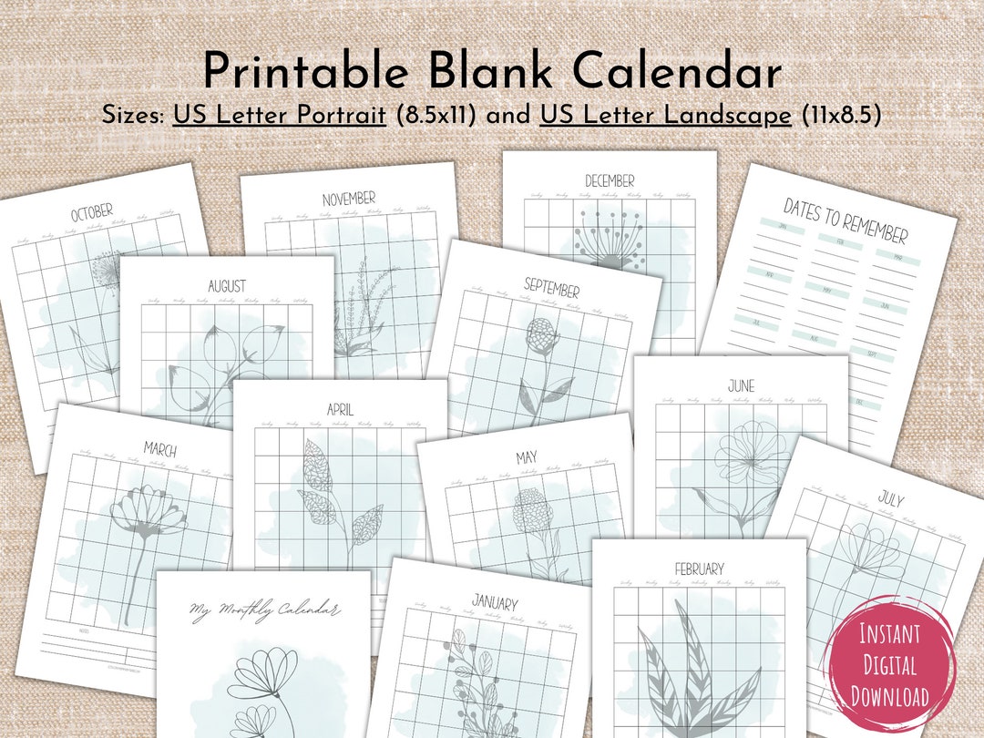 Floral Blank Calendar Printable: Green Watercolor Design,instant ...