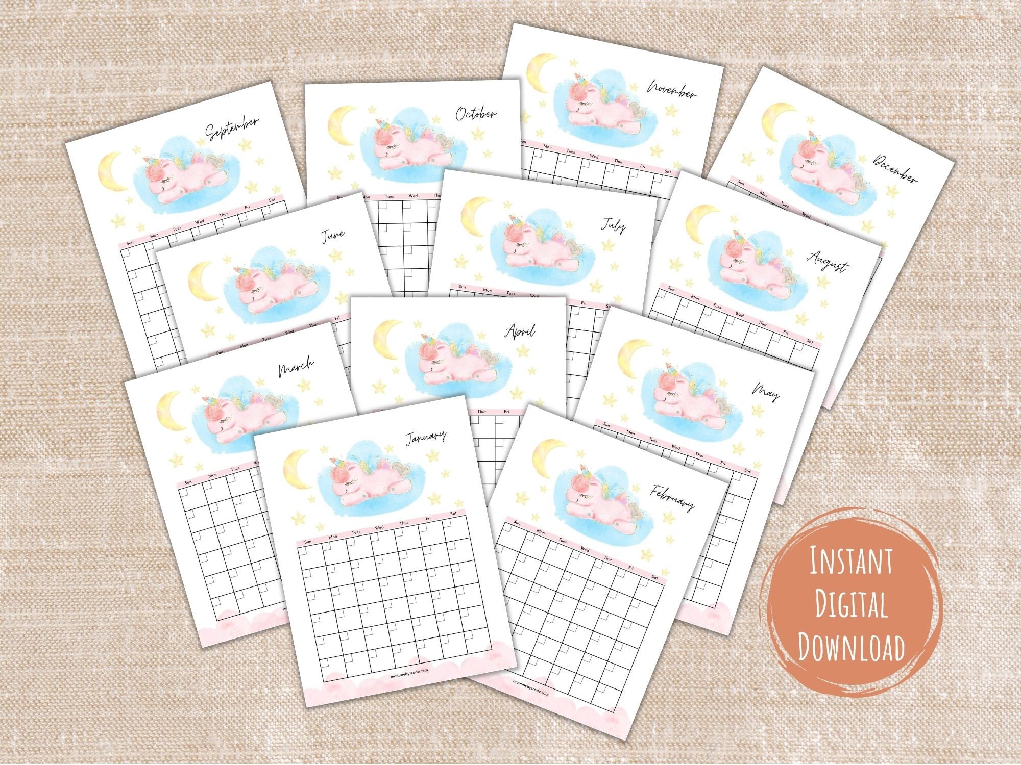 Unicorn Kids Calendar Printable: Blank Monthly Planner,digital Download ...