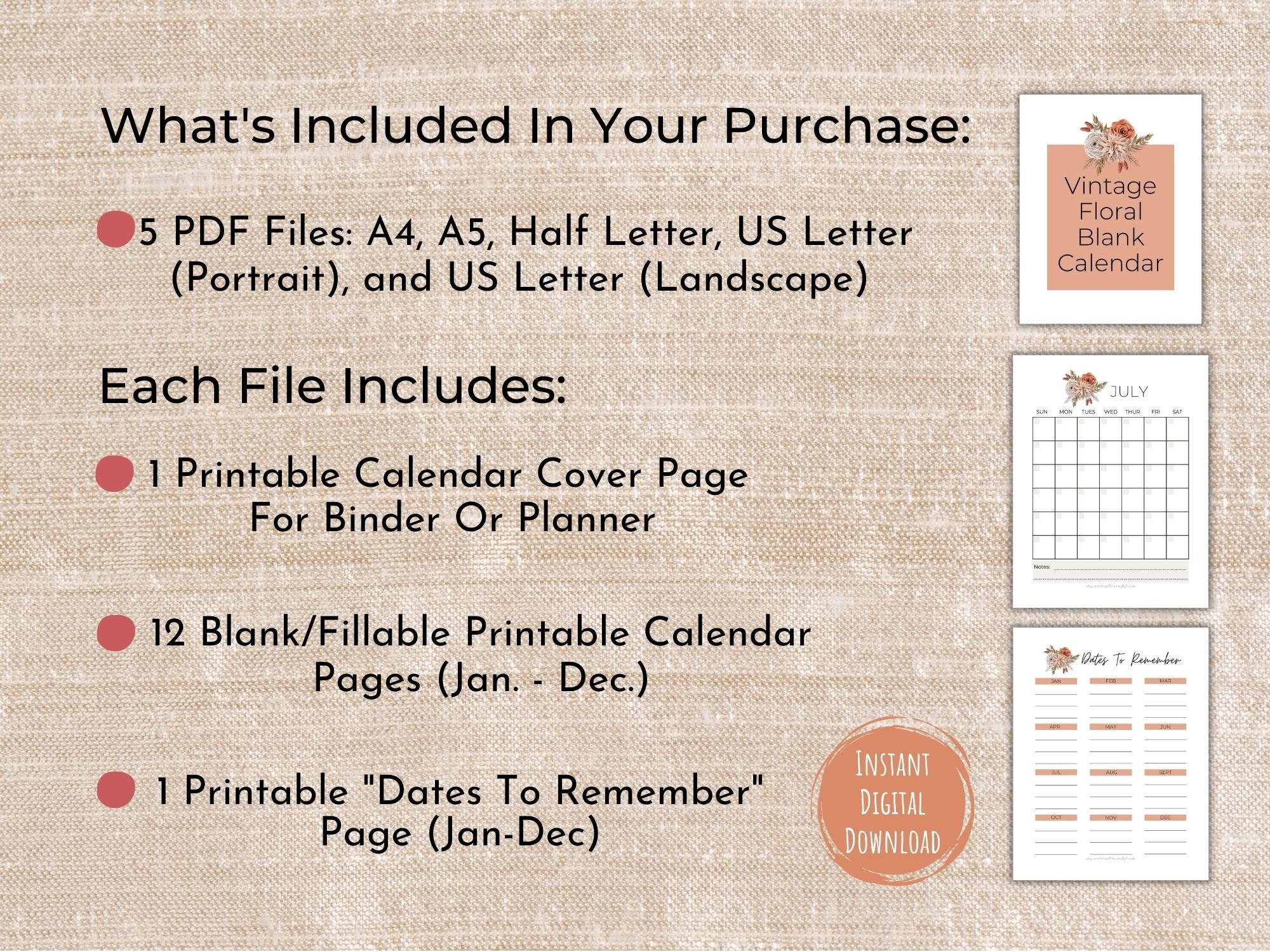 Printable Blank Monthly Calendarvintage Floral - Etsy
