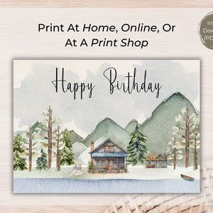 Printable Lake Cabin Birthday Card for Him: Watercolor Outdoors Scene ...