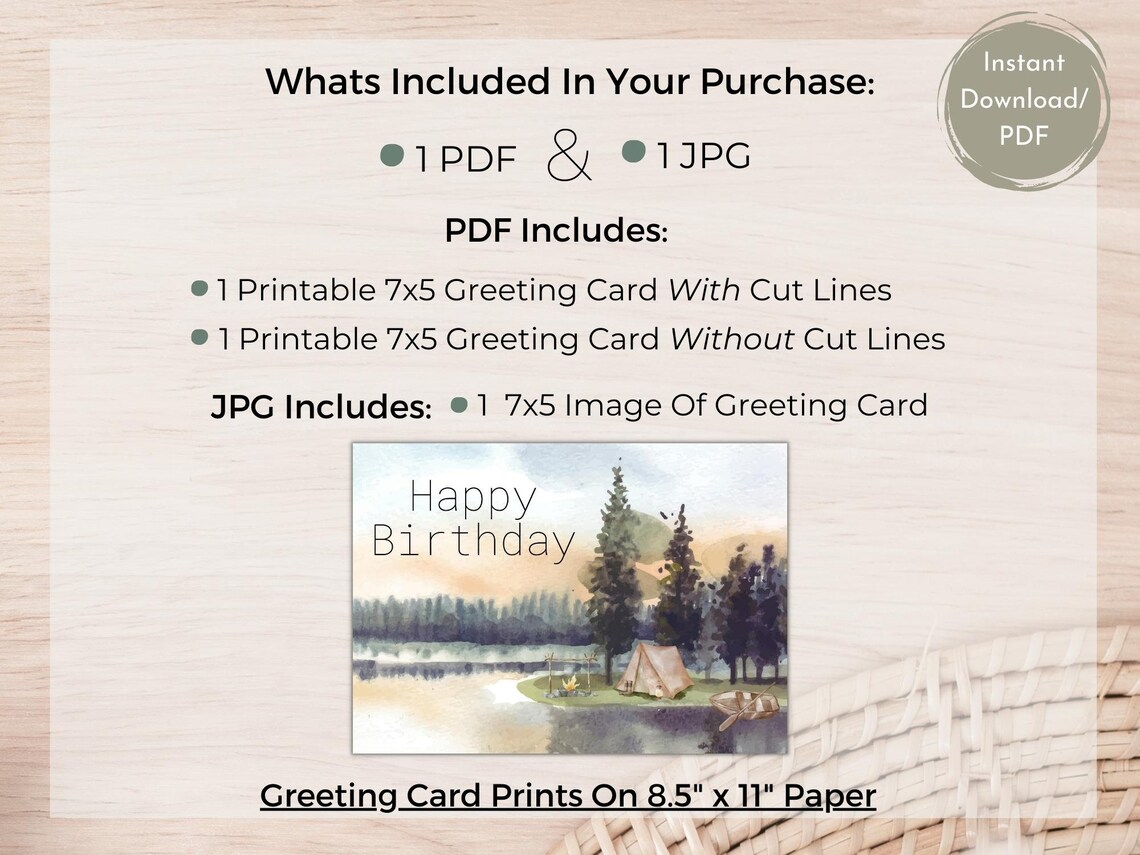 Printable Lake Birthday Card for Him: Watercolor Outdoors Camping Scene ...