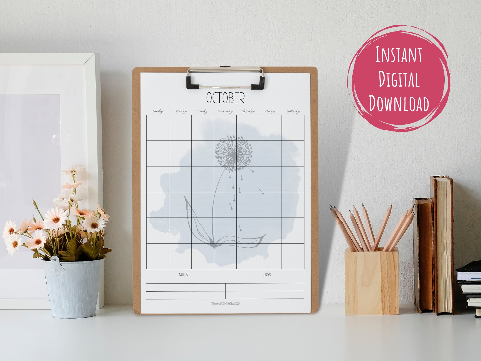 Printable Floral Calendar,blue Watercolor Minimalist Blank Calendar ...