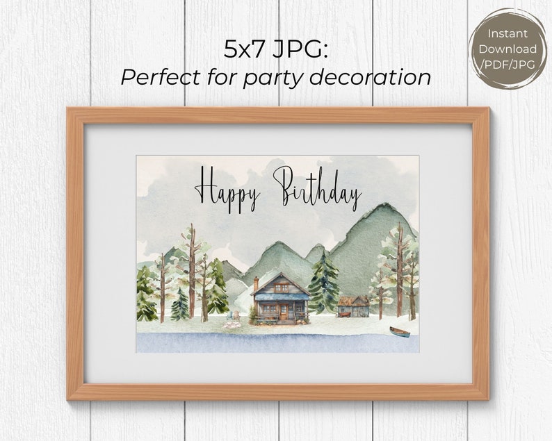 Printable Lake Cabin Birthday Card for Him: Watercolor Outdoors Scene ...