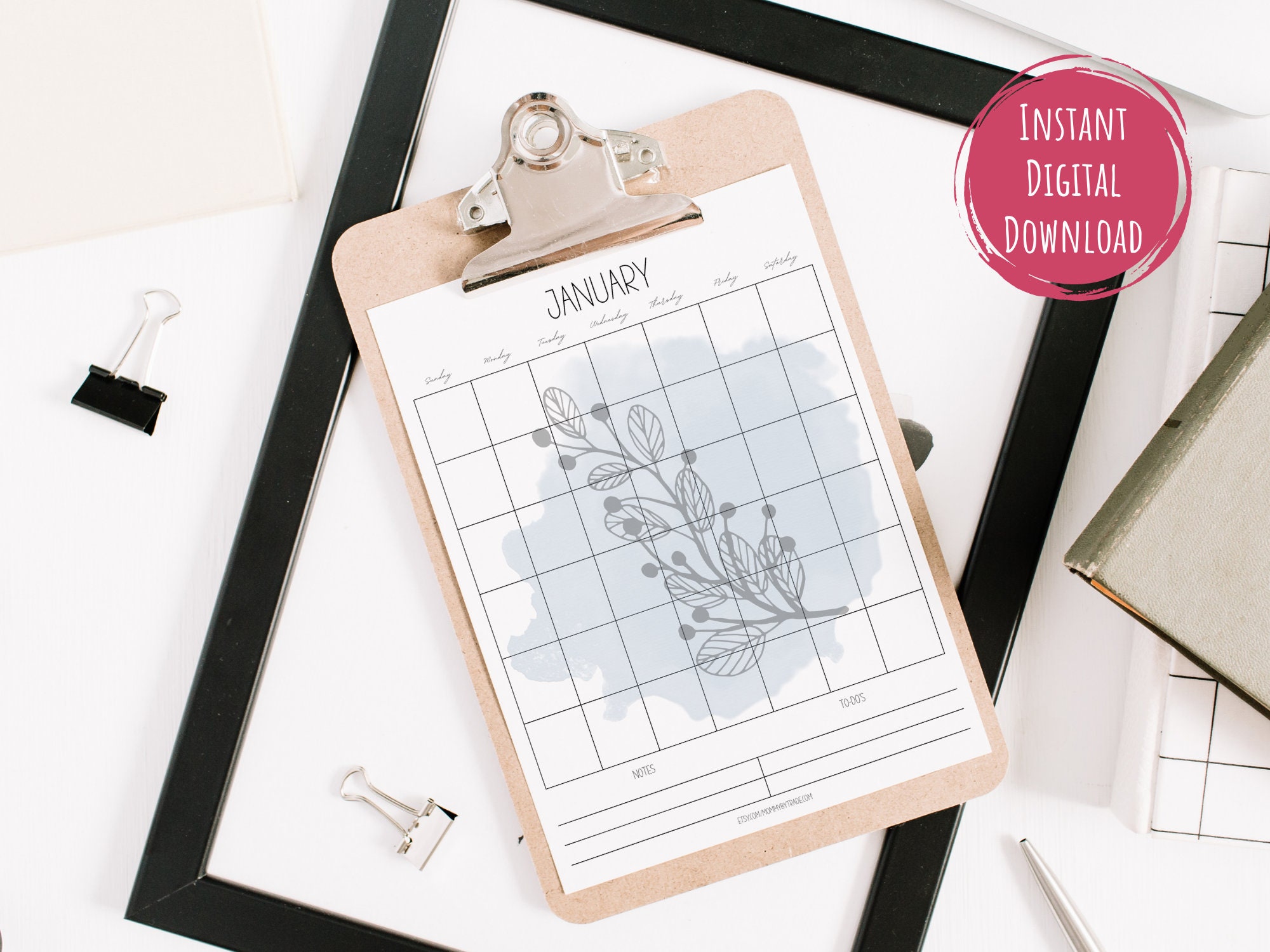 Printable Floral Calendar,blue Watercolor Minimalist Blank Calendar ...