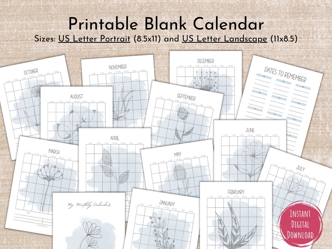 Printable Floral Calendar,blue Watercolor Minimalist Blank Calendar ...