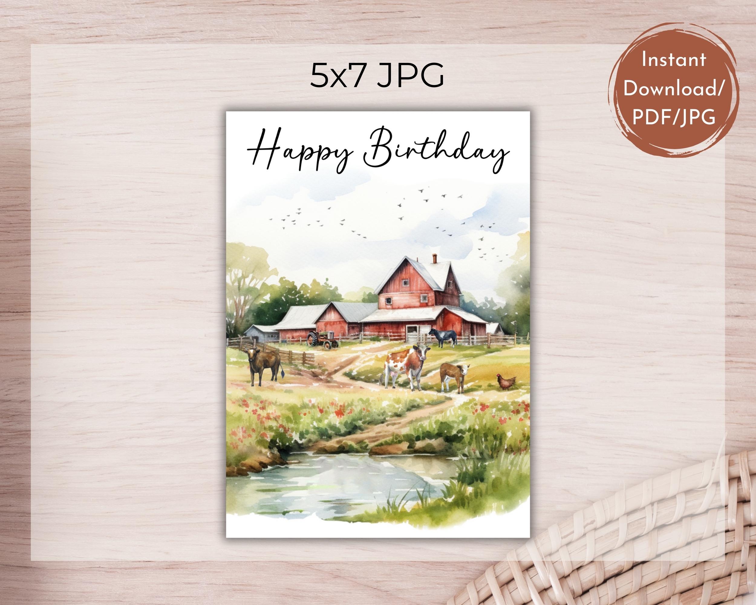 Printable Farm Birthday Card: Watercolor Red Barn,cows,digital Download ...