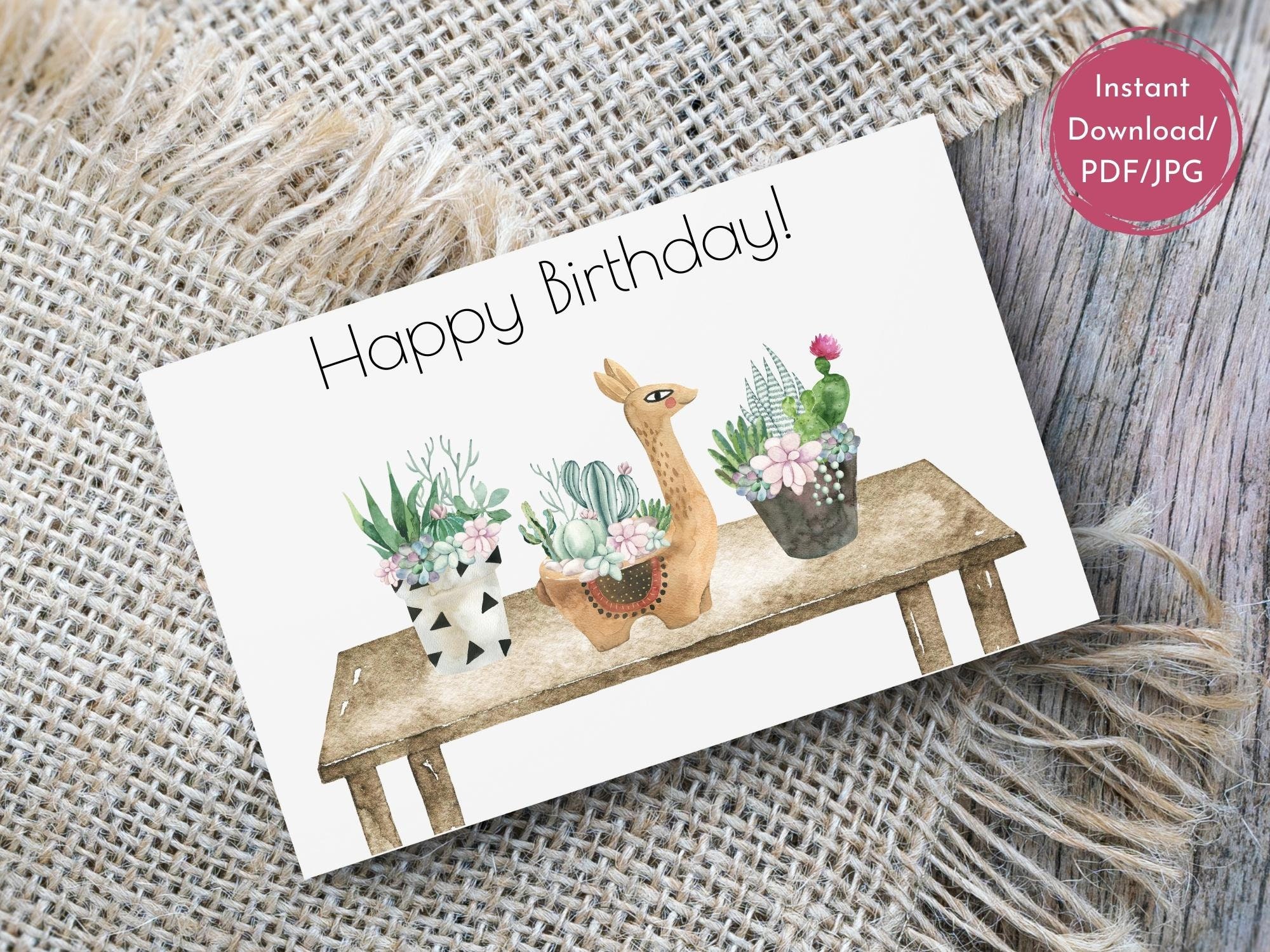 Printable Boho Happy Birthday Card,boho Llama,succulent Happy Birthday ...