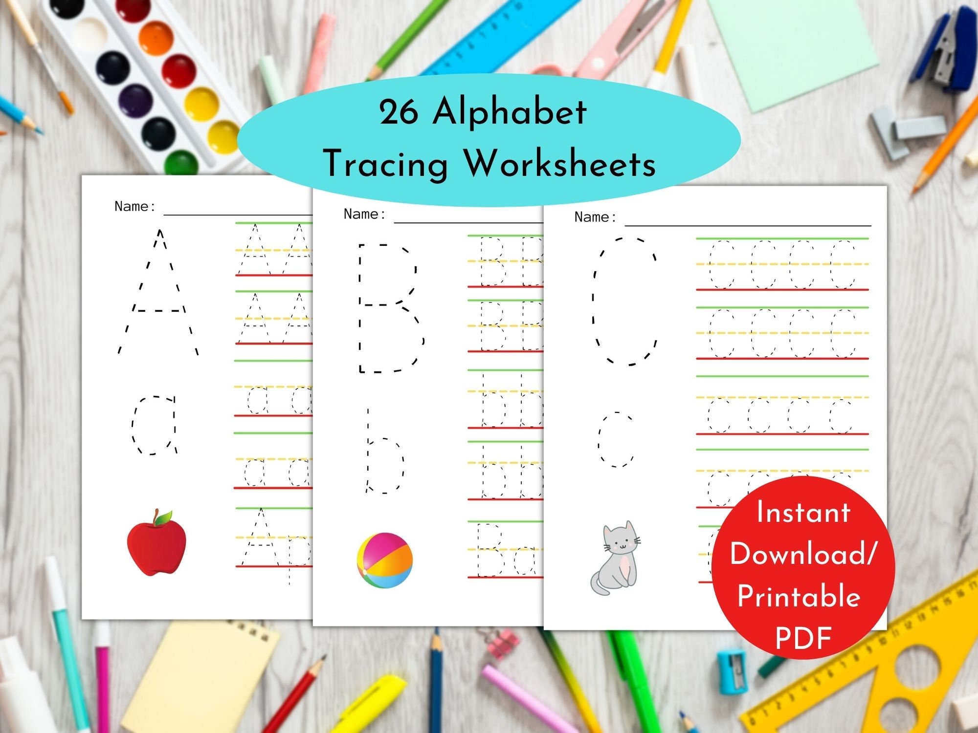 26 Upper and Lower Case Alphabet Tracing Printable Worksheets,preschool ...