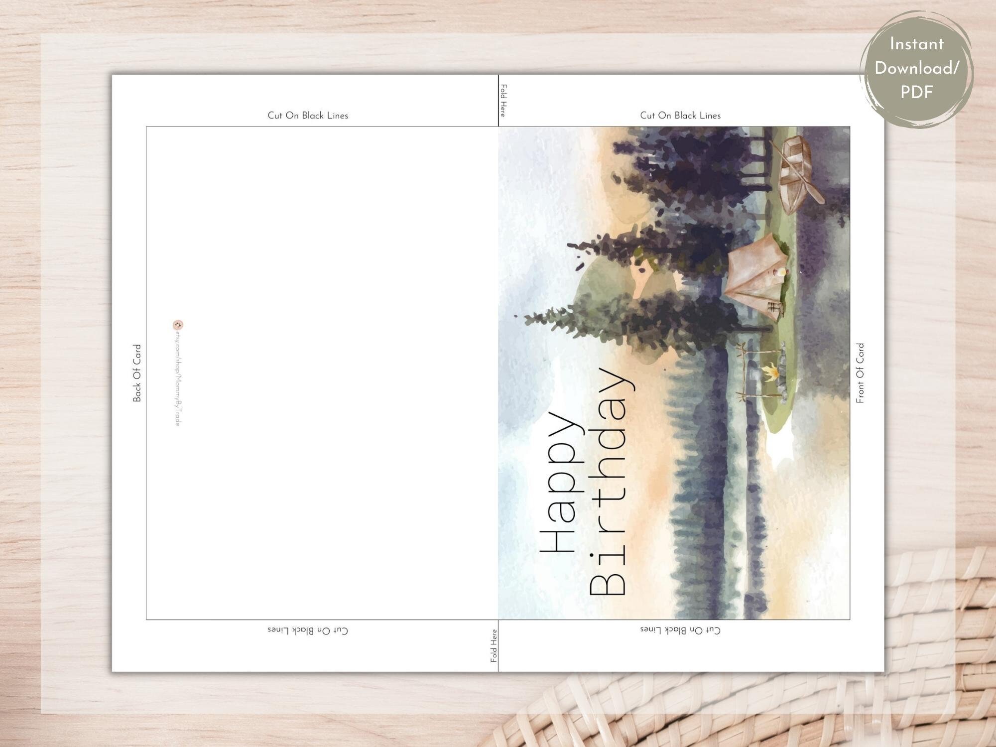 Printable Lake Birthday Card for Him: Watercolor Outdoors Camping Scene ...