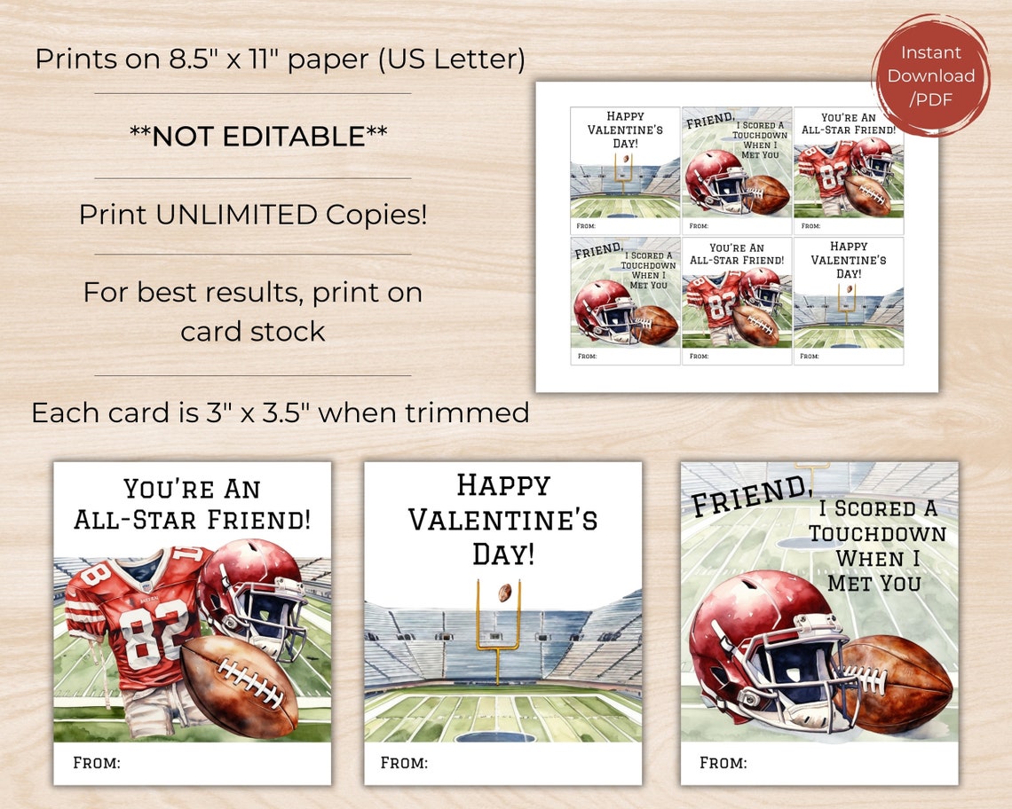 Printable Football Valentines Day Cards for Kids,sports Kids Valentines ...