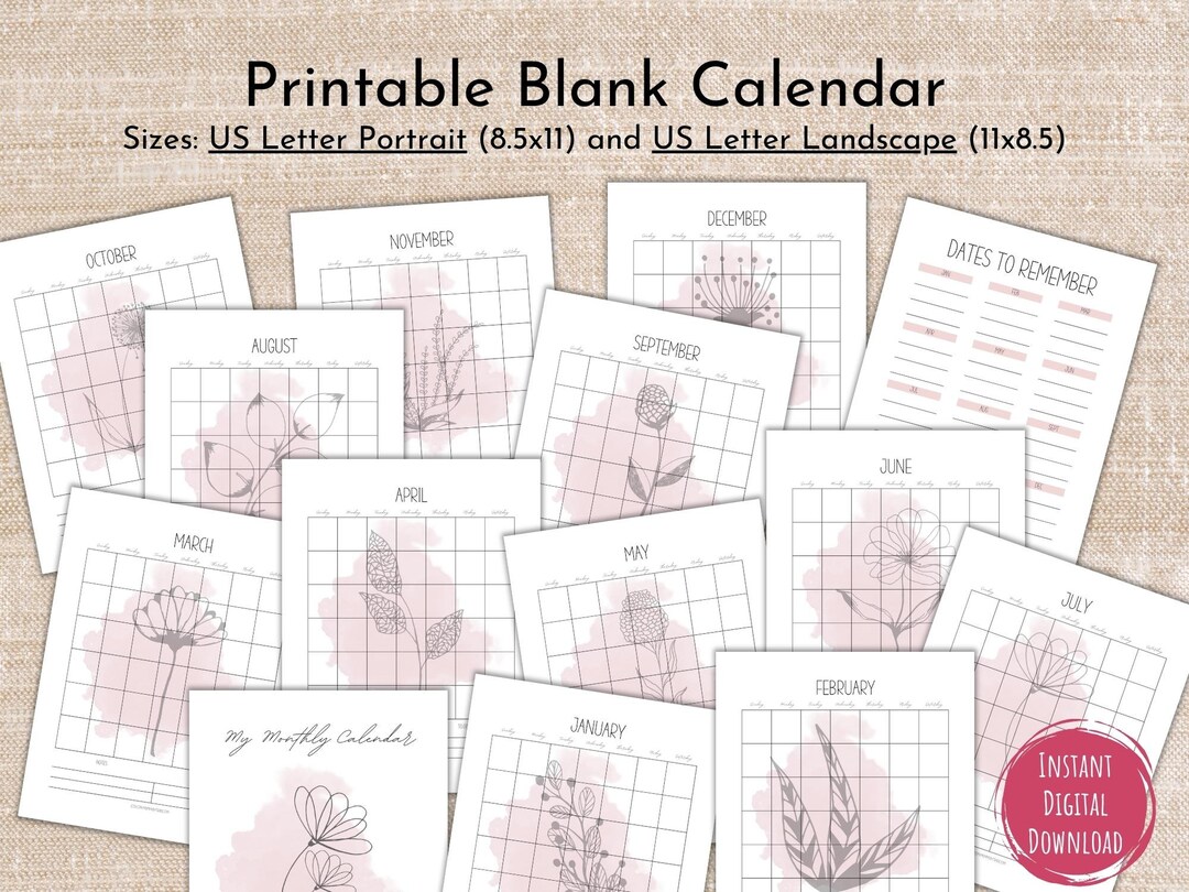 Printable Blank Pink Floral Calendar,minimalist Calendar,boho Printable ...
