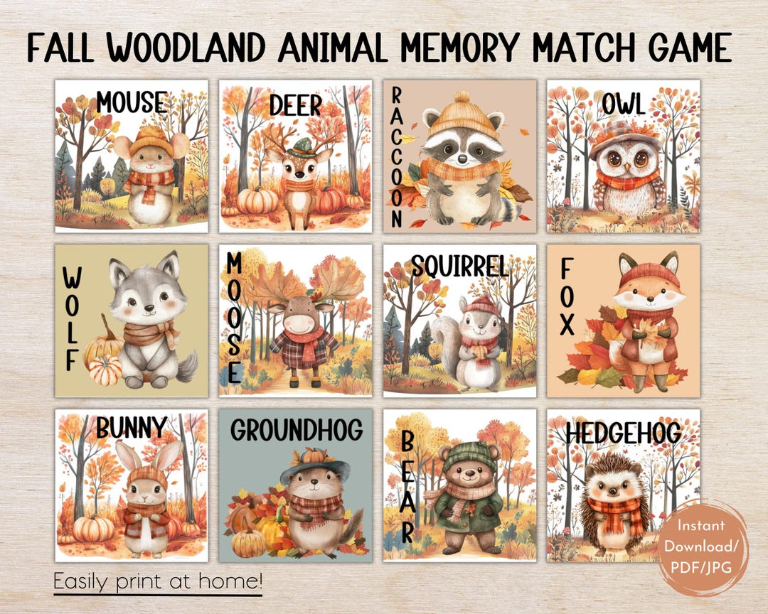 Printable Woodland Animal Memory Match Game: Watercolor Fall Activity ...