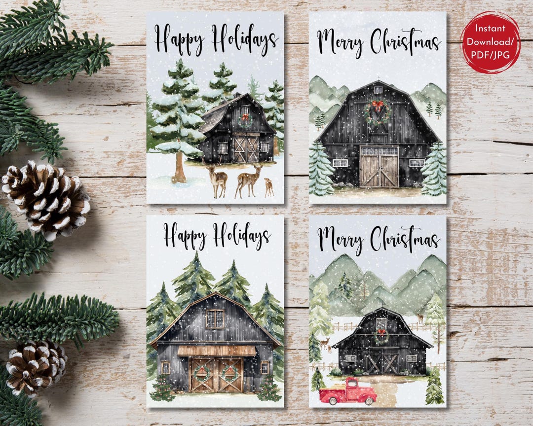 Rustic Barn Christmas Cards: Printable Farmhouse Holiday Set,digital ...