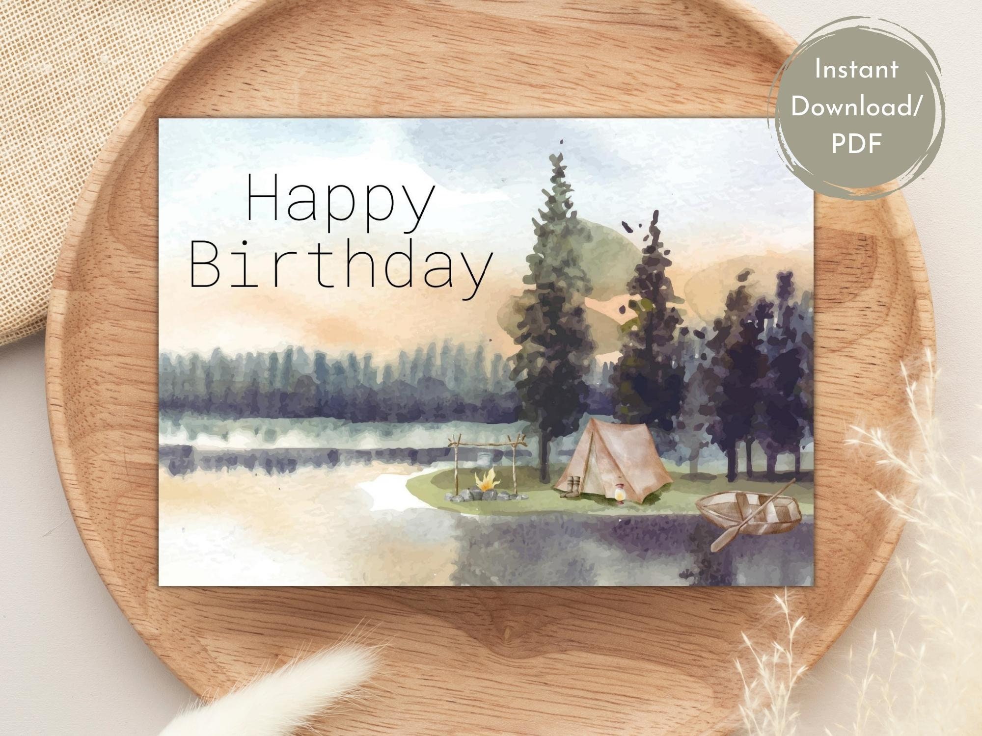 Printable Lake Birthday Card for Him: Watercolor Outdoors Camping Scene ...