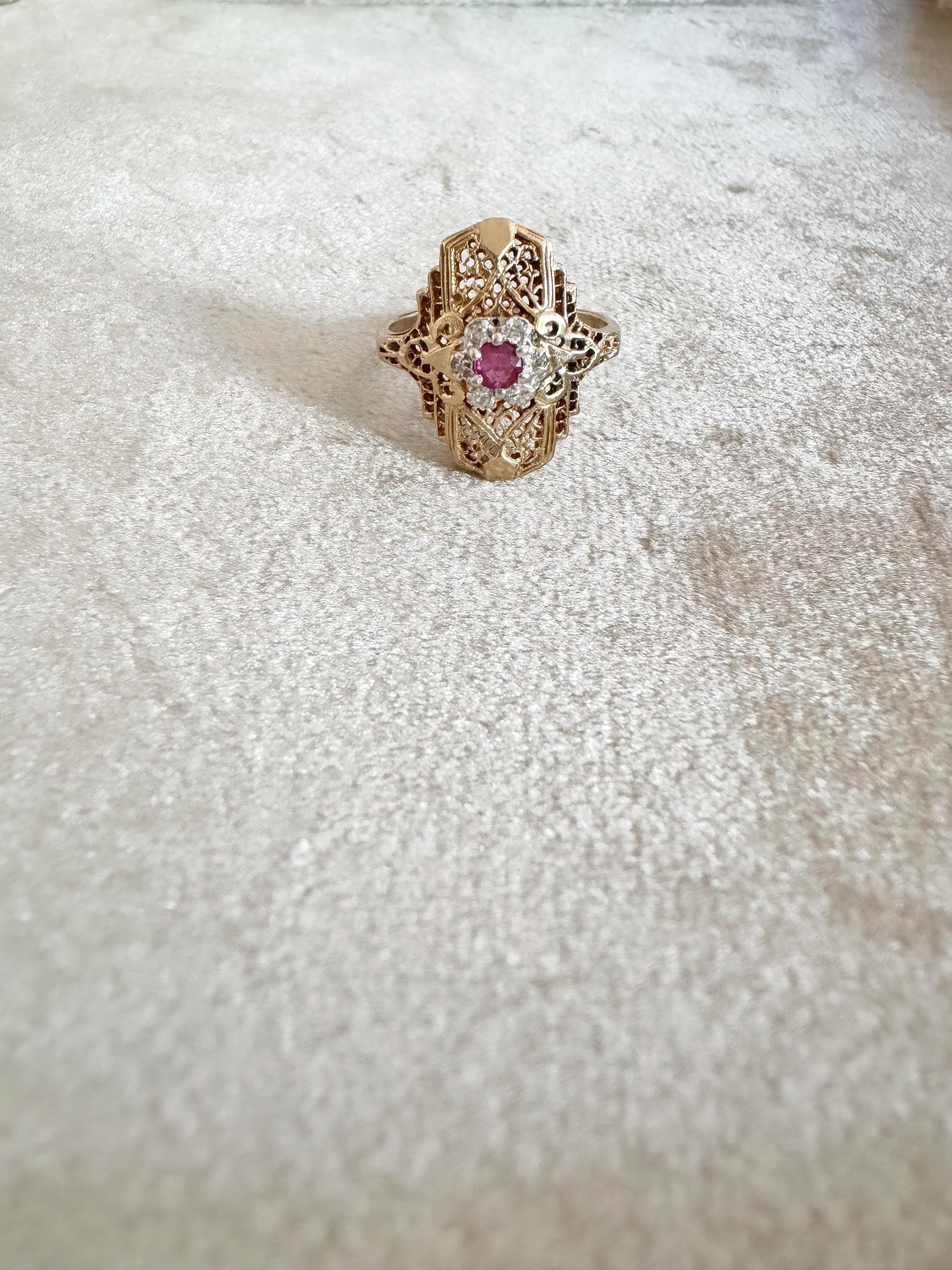 Antique Art Deco Filigree Ruby & Diamond Ring Solid Gold Hallmarked - Etsy