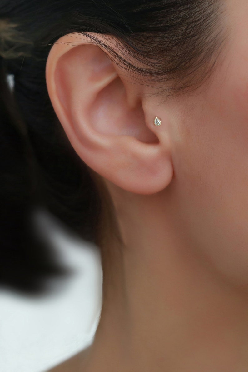 14K Solid Gold Drop Tragus Piercing / Dainty White Stone - Etsy
