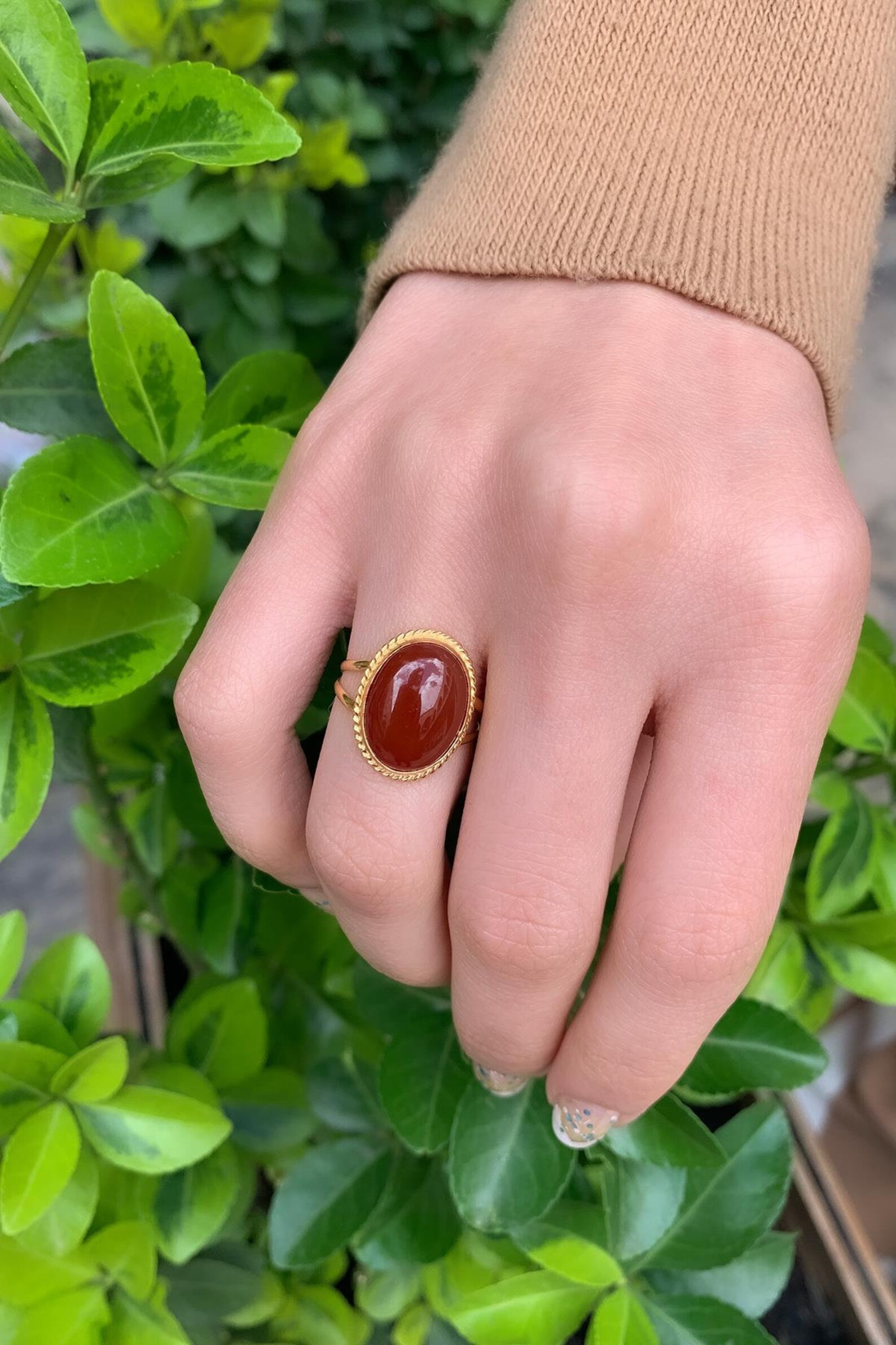 14K Solid Gold Agate Stone Ring / Handmade Brown Ring - Etsy