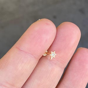 14K Solid Gold Comet Tragus Piercing/ Dainty White Stone Piercing/flat Back Helix Piercing/16g ...