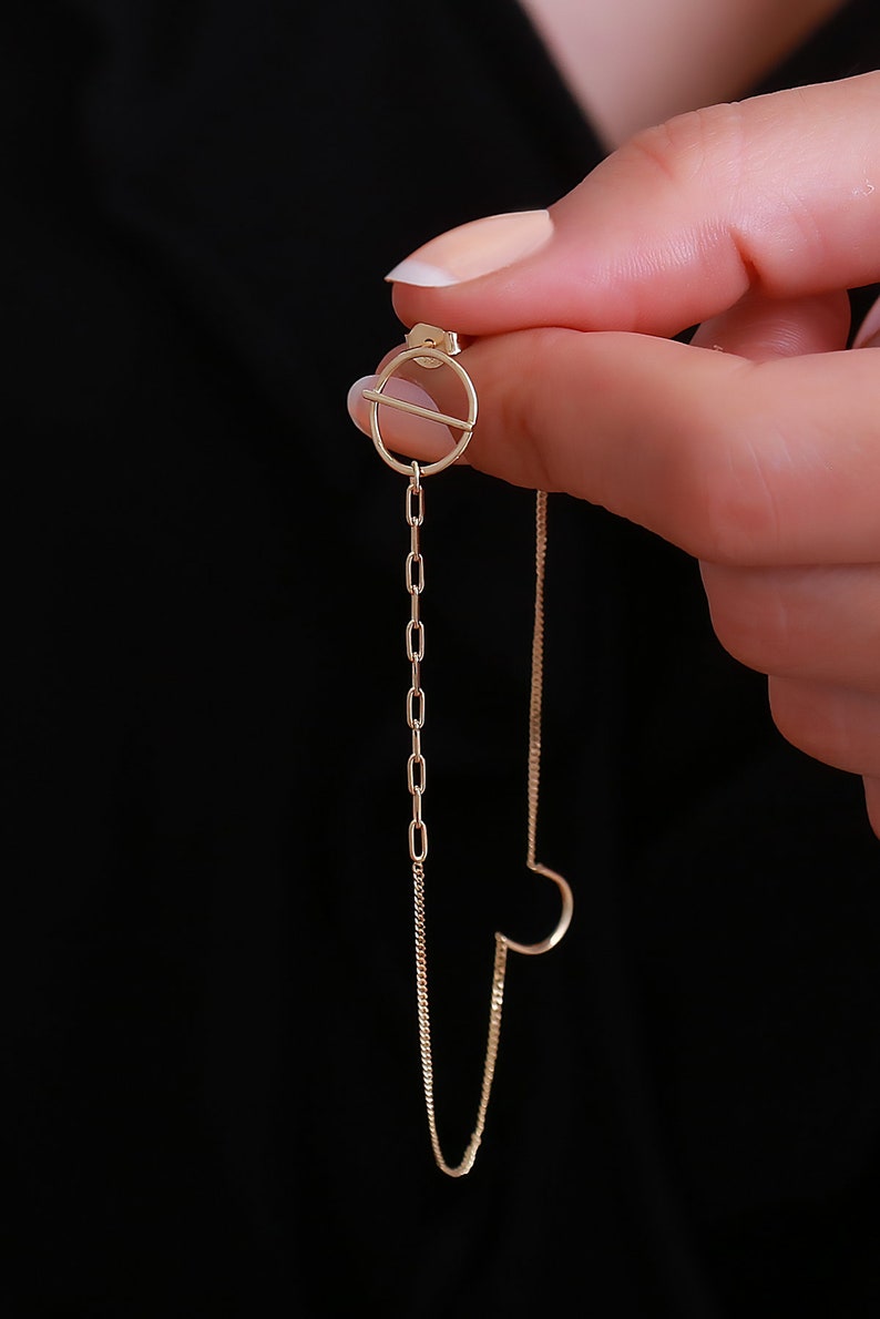 14K Solid Gold Hoop Stick Threader Earrings - Etsy