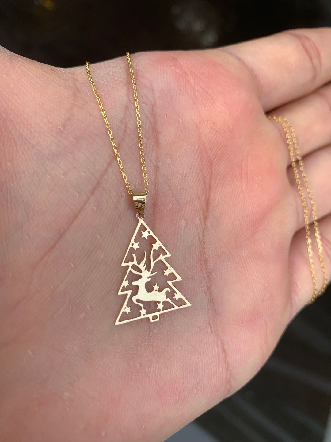 14K Solid Gold Christmas Tree and Deer Necklace / Minimalist Tree ...