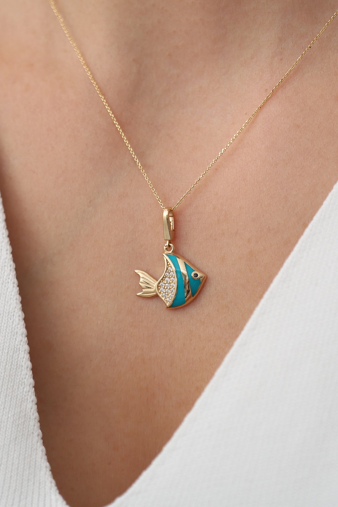 14K Solid Gold Blue Fish Necklace / Blue Enamel Necklace / Animal ...