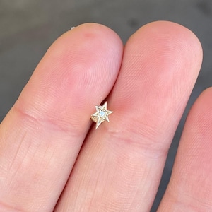 14K Solid Gold Comet Tragus Piercing/ Dainty White Stone Piercing/flat Back Helix Piercing/16g ...