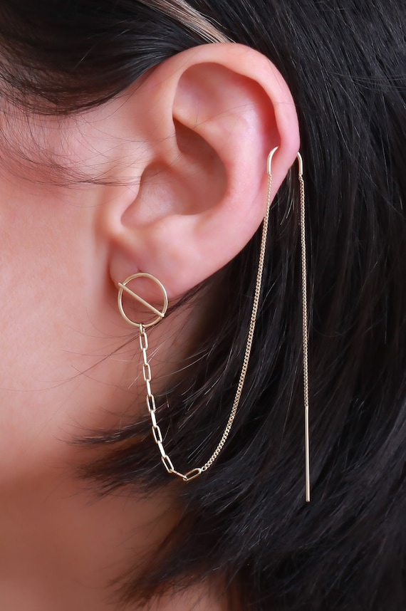 14K Solid Gold Hoop Stick Threader Earrings - Etsy