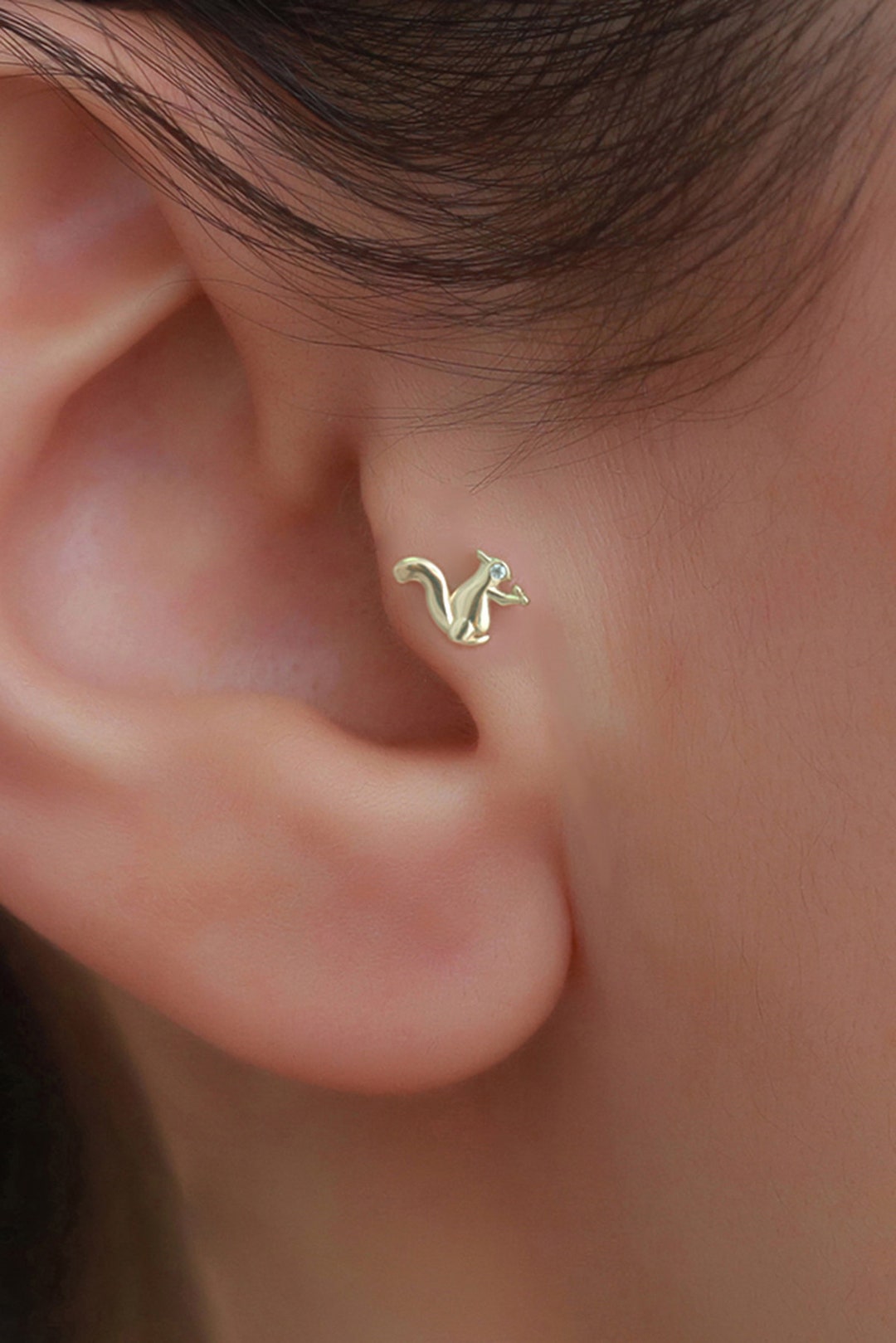 14K Solid Gold Squirrel Tragus Piercing / Minimalist Flat Back Helix ...