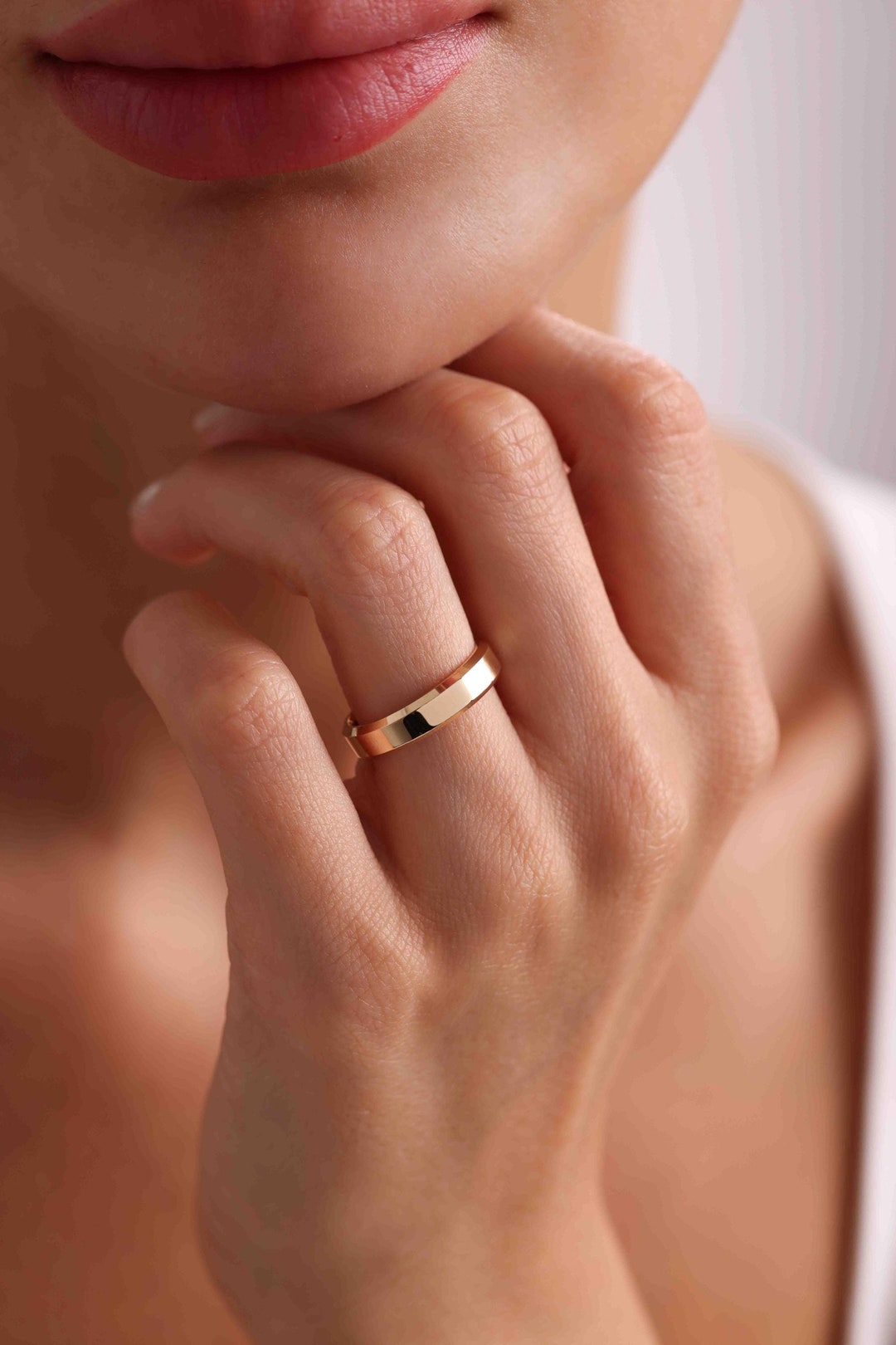 14k Solid Gold Three Faced Wedding Band 4mm / Couples Flat Gold Ring /men's Women's Plain Band ...