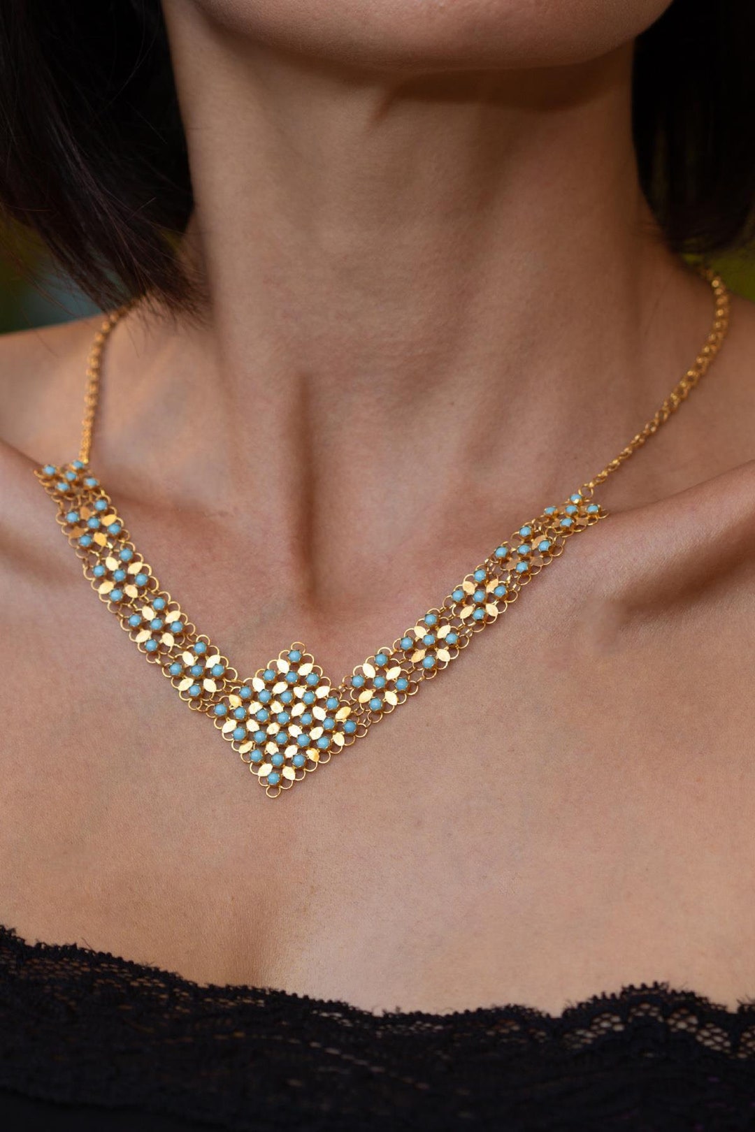 14K Solid Gold Turquoise Stone Necklace / Special Design Necklace /gold ...