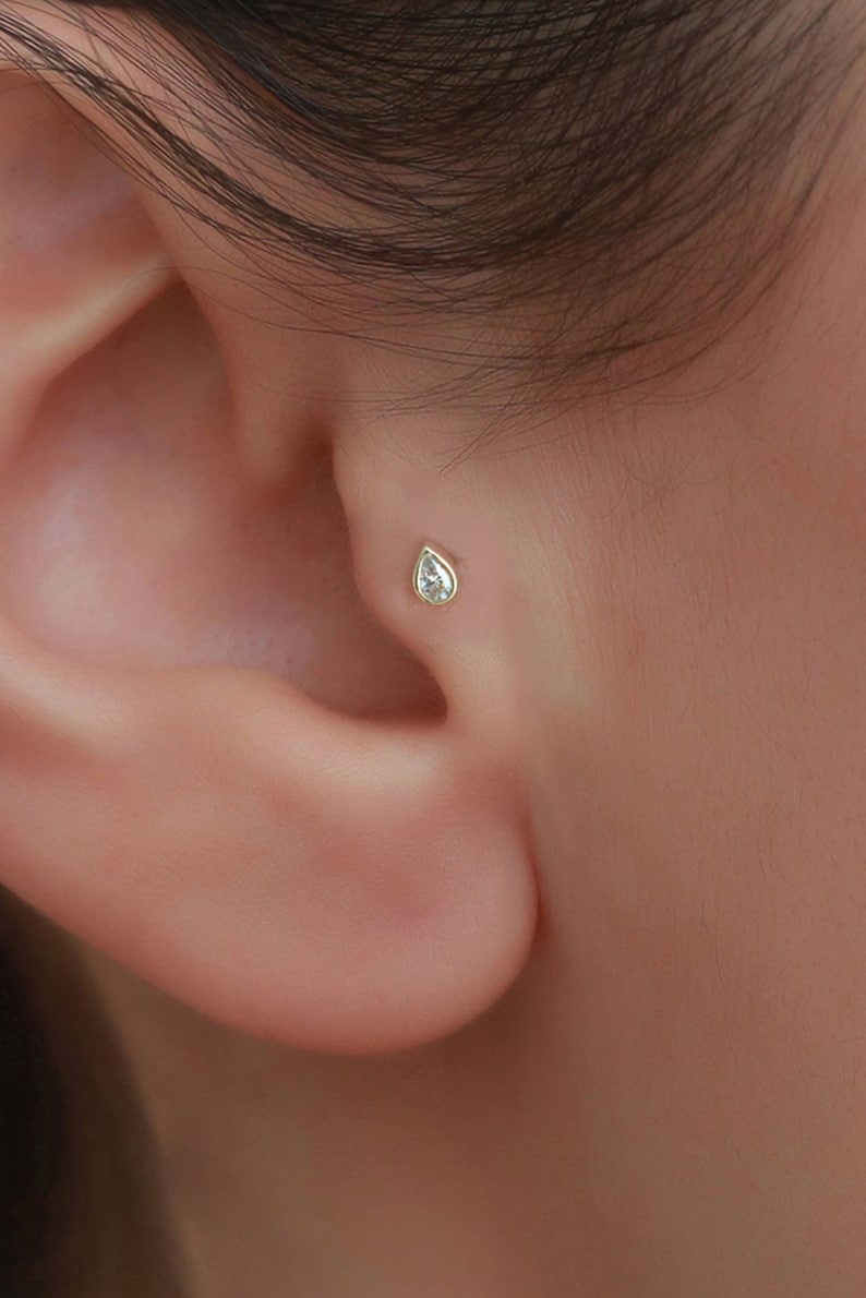 14K Solid Gold Drop Tragus Piercing / Dainty White Stone - Etsy