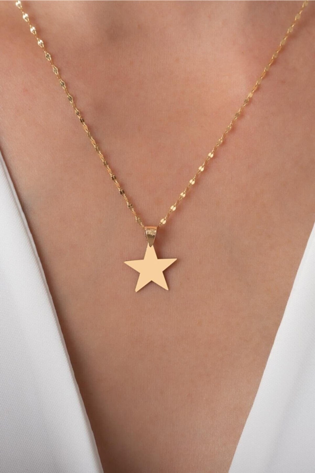 14K Solid Gold Star Plate Necklace - Etsy
