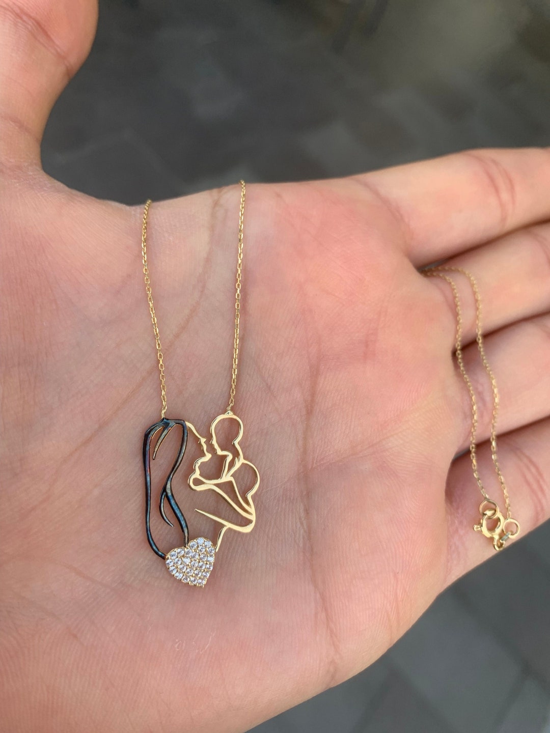 14k Solid Gold Mother and Baby Necklace / Love Necklace / Mom and Baby ...