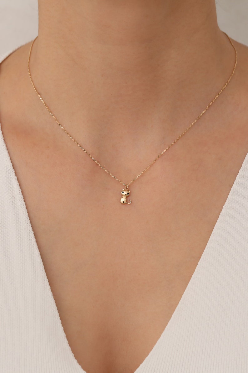 14K Solid Gold Tiny Cat Necklace/ Cat Jewelry /cat Lover Gift ...