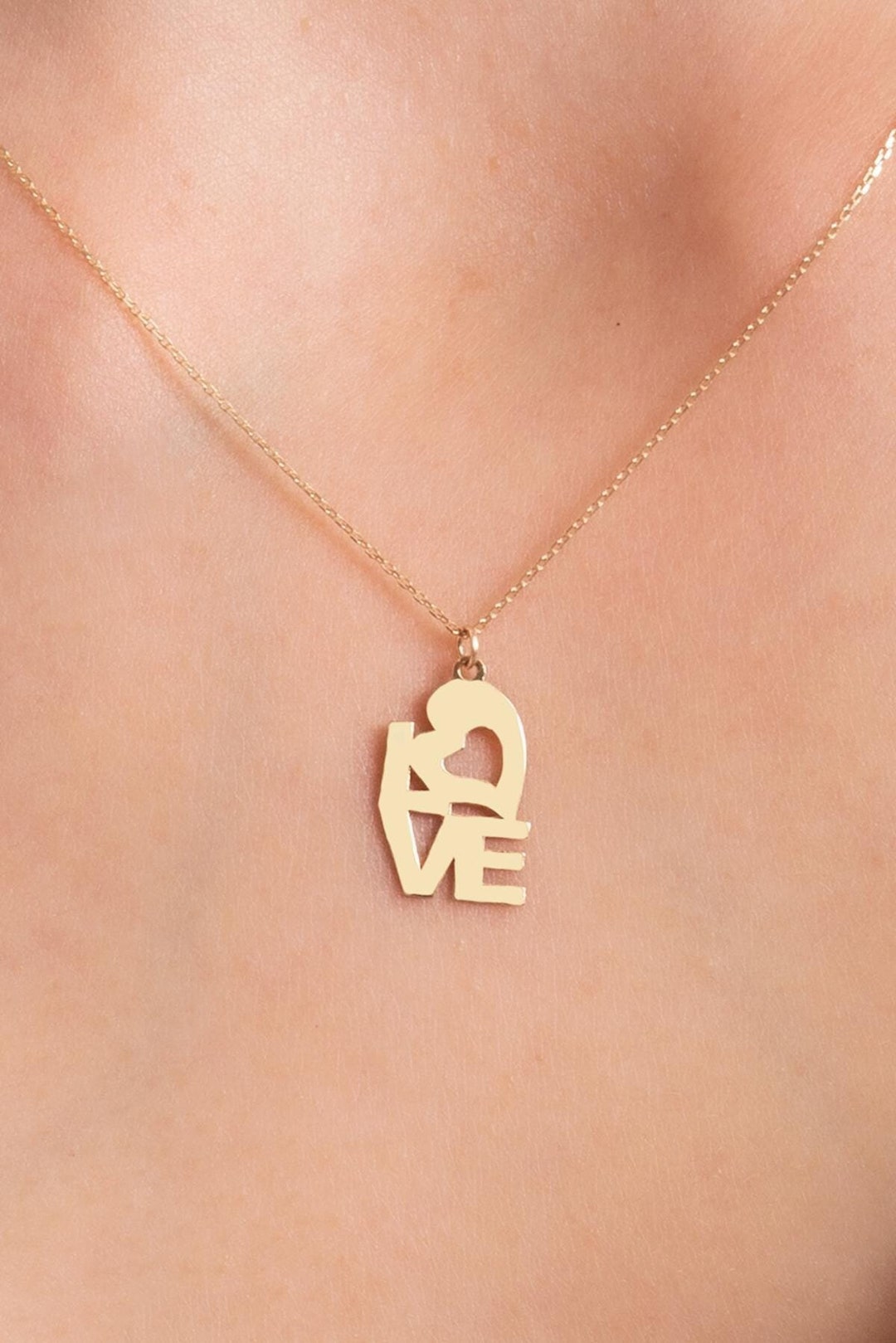 14K Solid Gold Dainty Love Necklace / Minimalist Design Heart Love ...