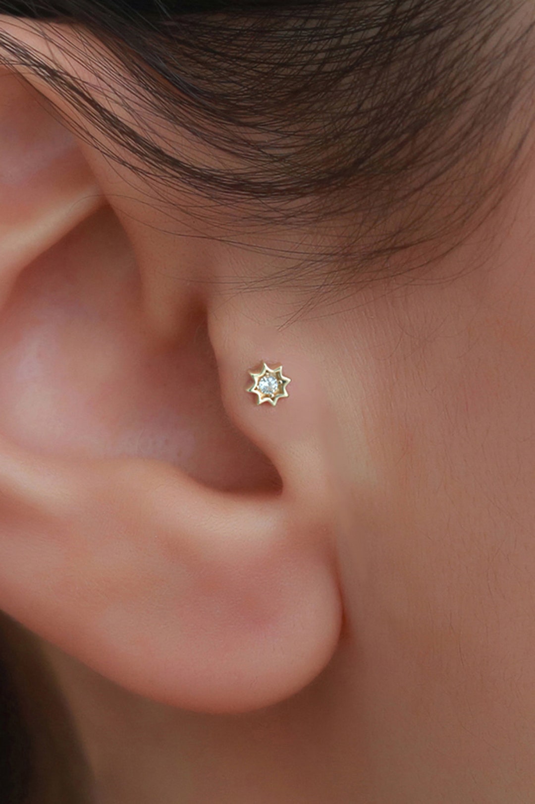 14K Solid Gold 8 (eight) Pointed Star Tragus Piercing / Minimalist Flat ...