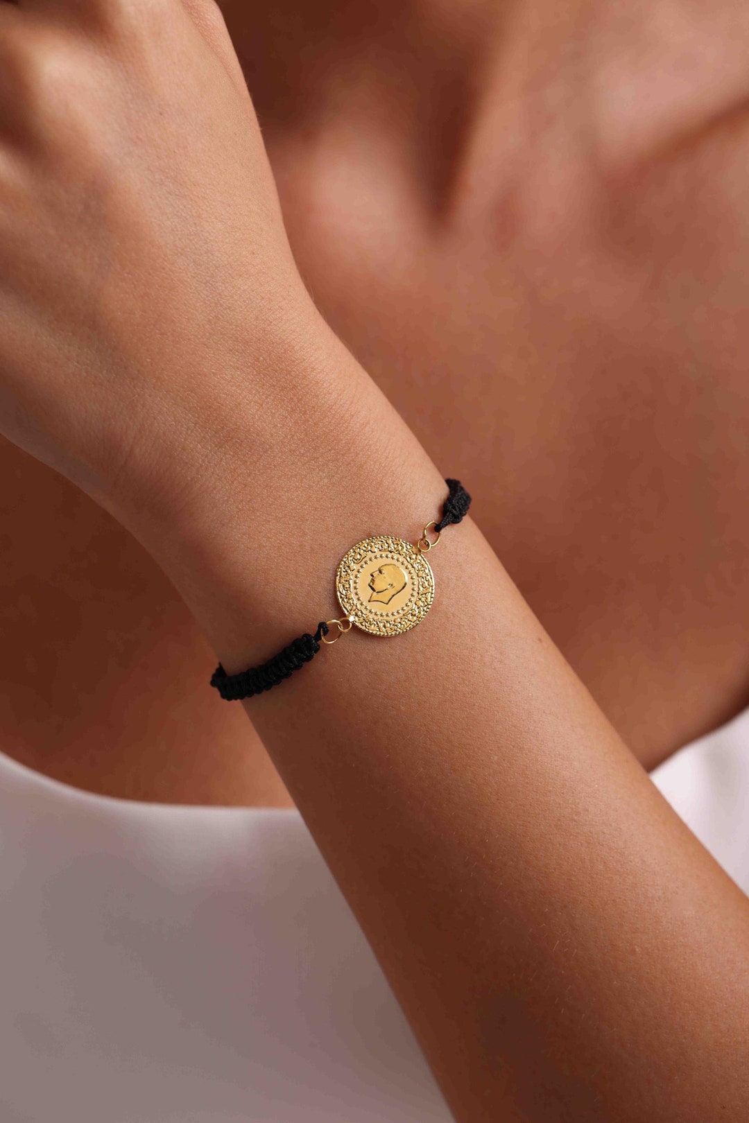 14K Solid Gold Coin String Bracelet / String Bracelet/colour String ...
