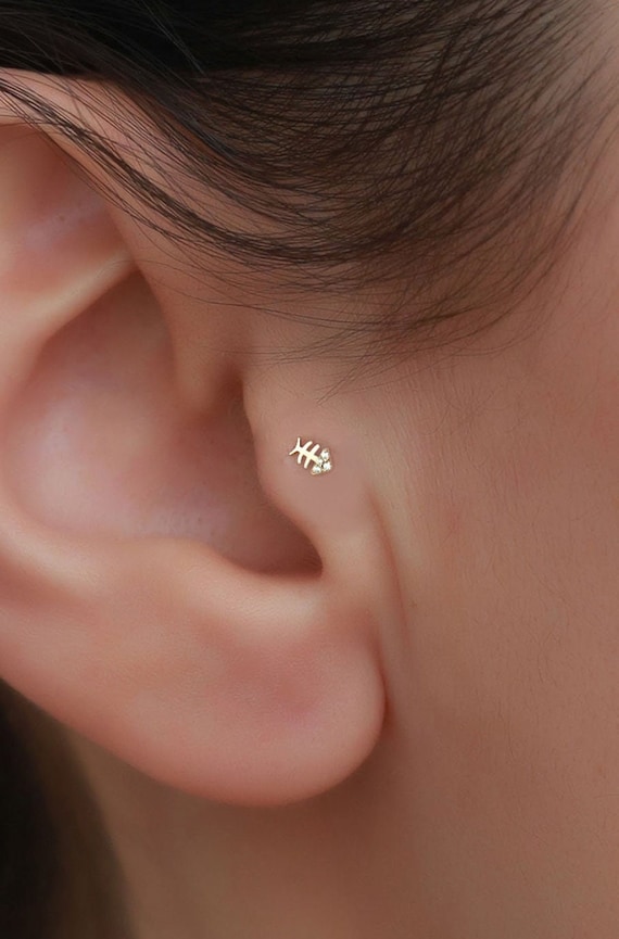 14K Solid Gold Fishbone Tragus Piercing / Helix Piercing / - Etsy