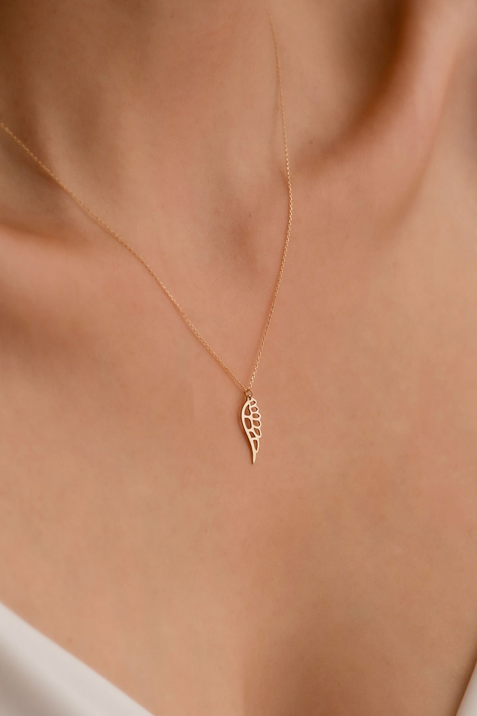 14K Solid Gold Single Angel Wing Necklace / Minimalist Design Necklace ...