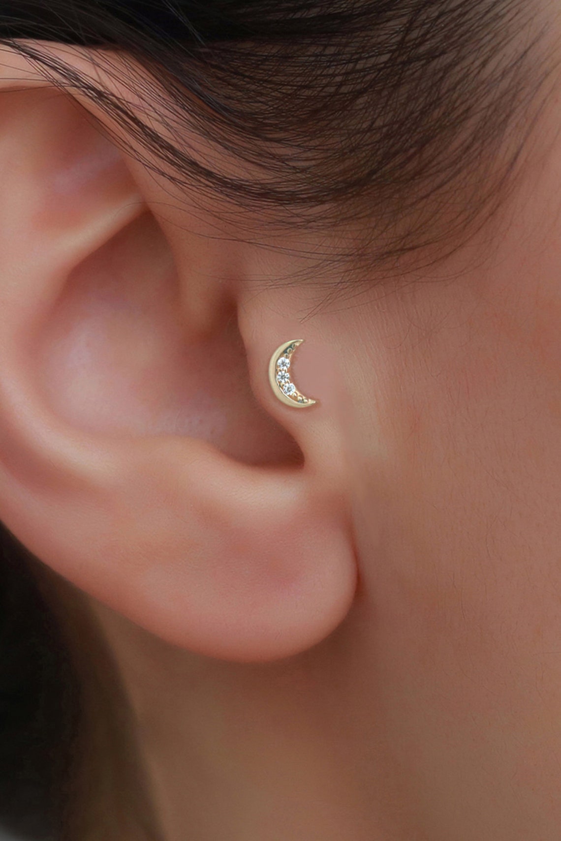 14K Solid Gold Crescent Tragus Piercing / Dainty White Stone - Etsy