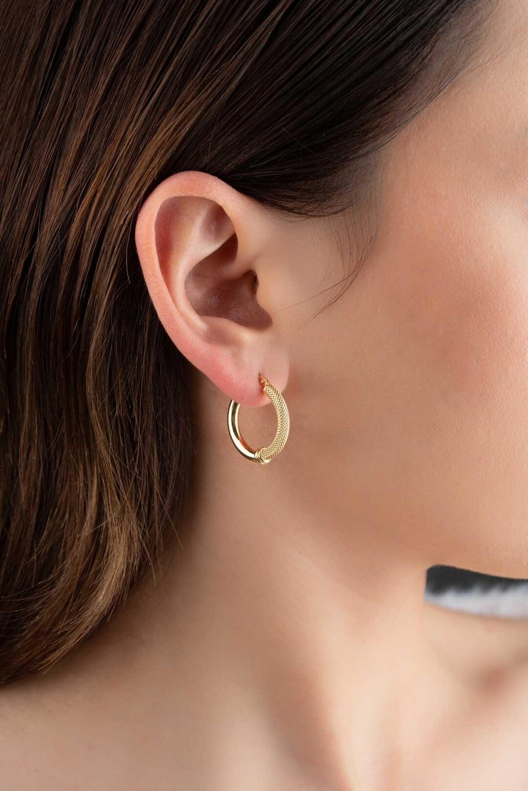 14K Solid Gold Double Patterned Earrings/ Tiny Hoop Earrings /circle ...
