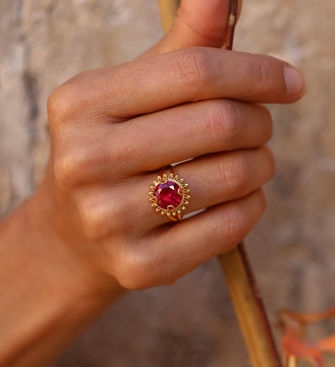 14K Solid Gold Red Stone Sun Ring / Handmade Filigree Ring / Mystical ...