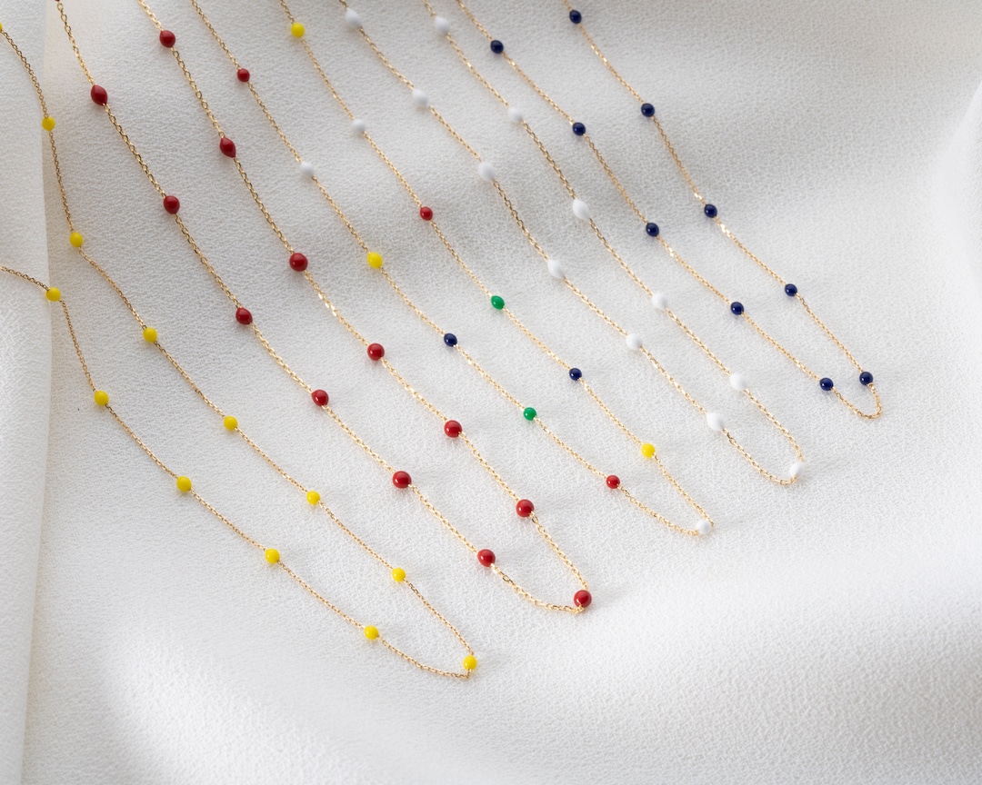 14K Solid Gold Multicolored Beaded Necklace / Dainty Beaded Necklaces ...