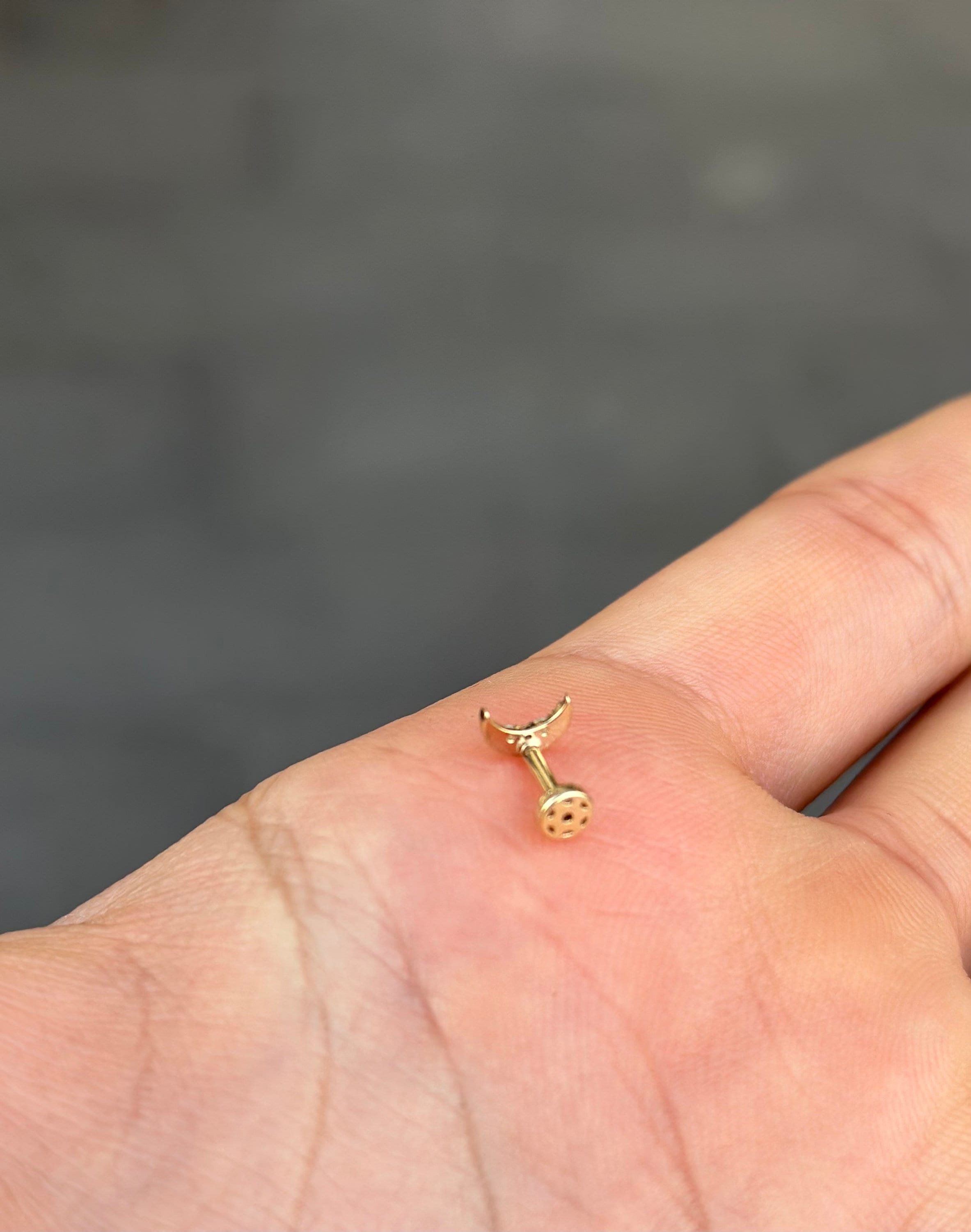 14K Solid Gold Crescent Tragus Piercing / Dainty White Stone - Etsy