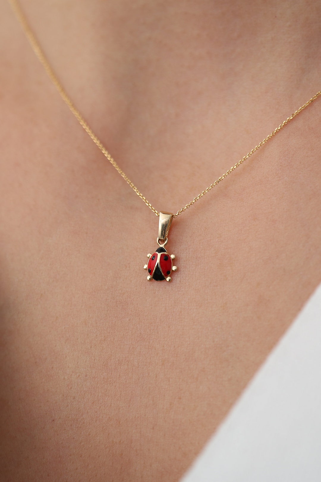 14K Solid Gold Dainty Ladybug Pendant Necklace / Minimalist Ladybug ...
