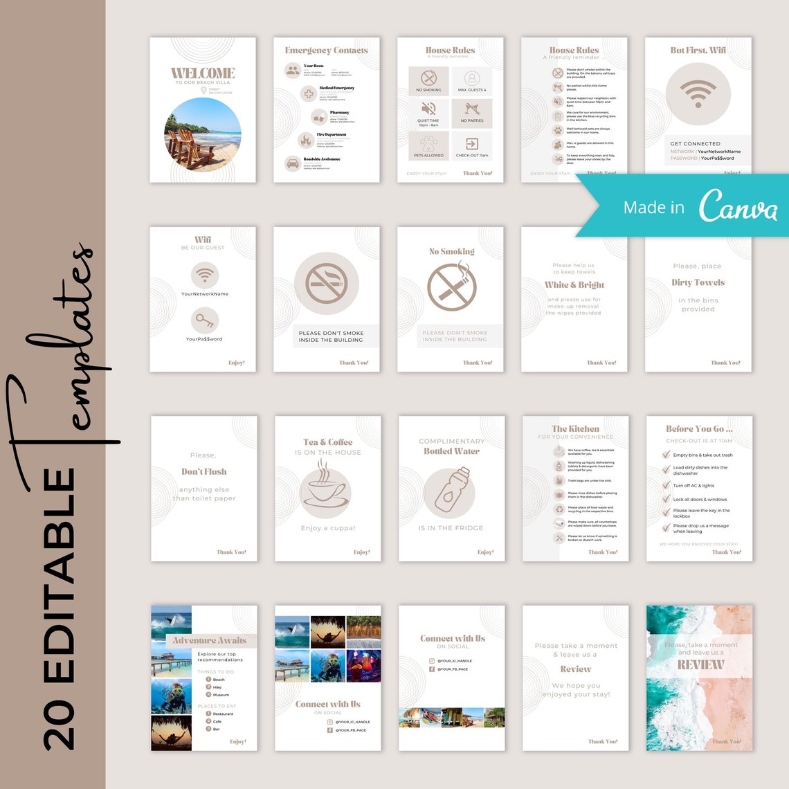 20 Airbnb Posters | Editable Canva Airbnb Sign Template Bundle | Wifi ...
