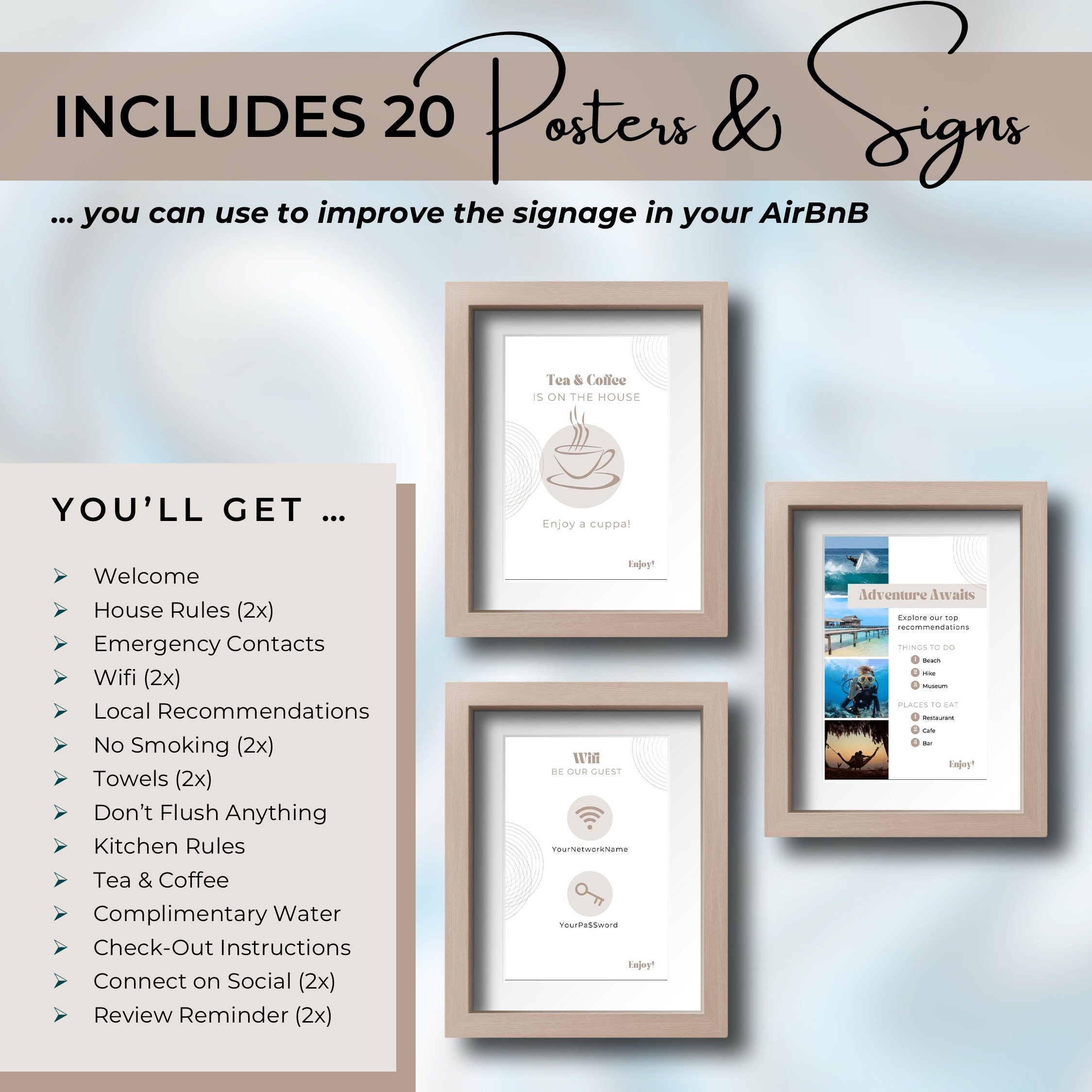 20 Airbnb Posters | Editable Canva Airbnb Sign Template Bundle | Wifi ...
