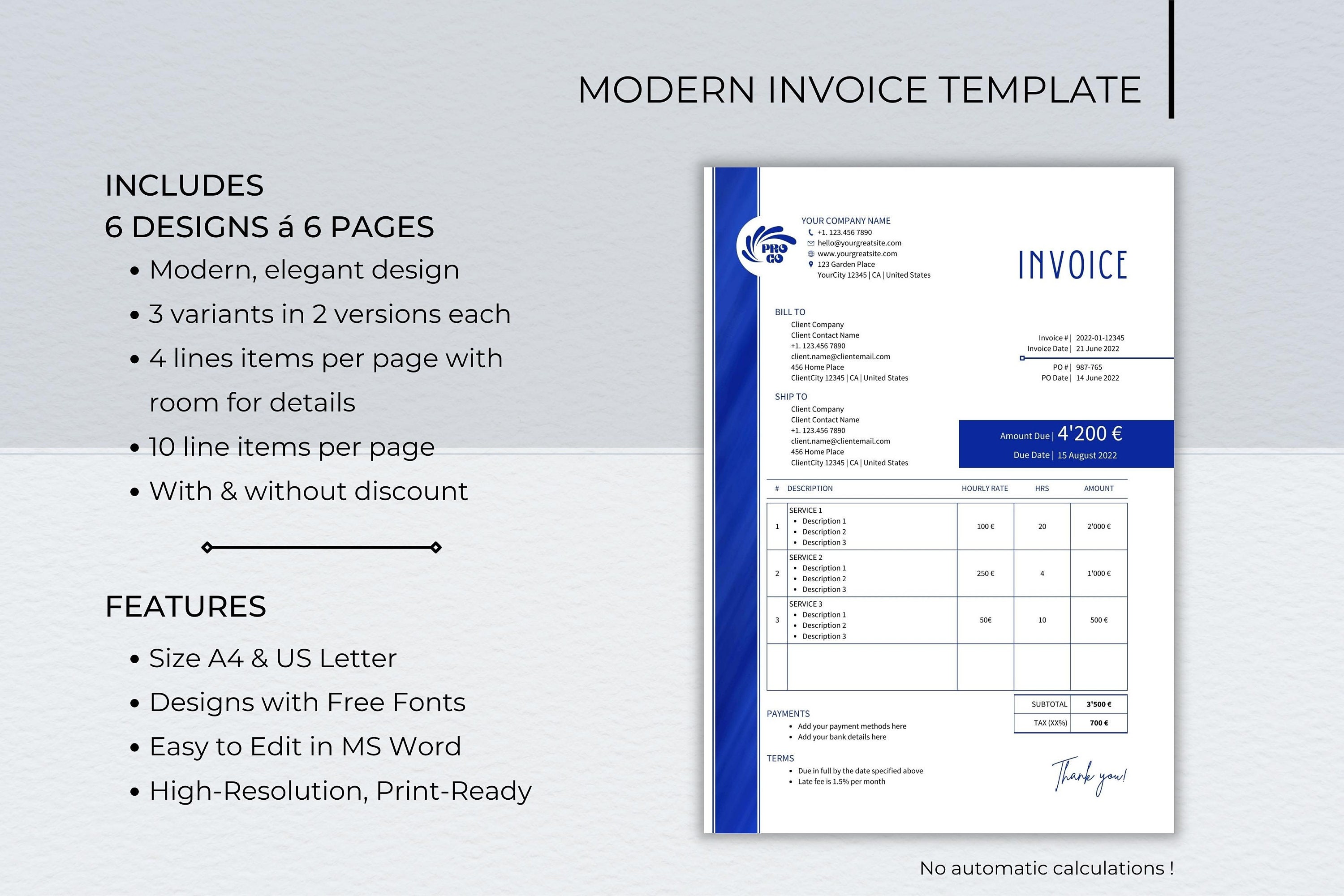 Invoice Word Template Bundle, Editable Custom Receipt, Sales Order ...