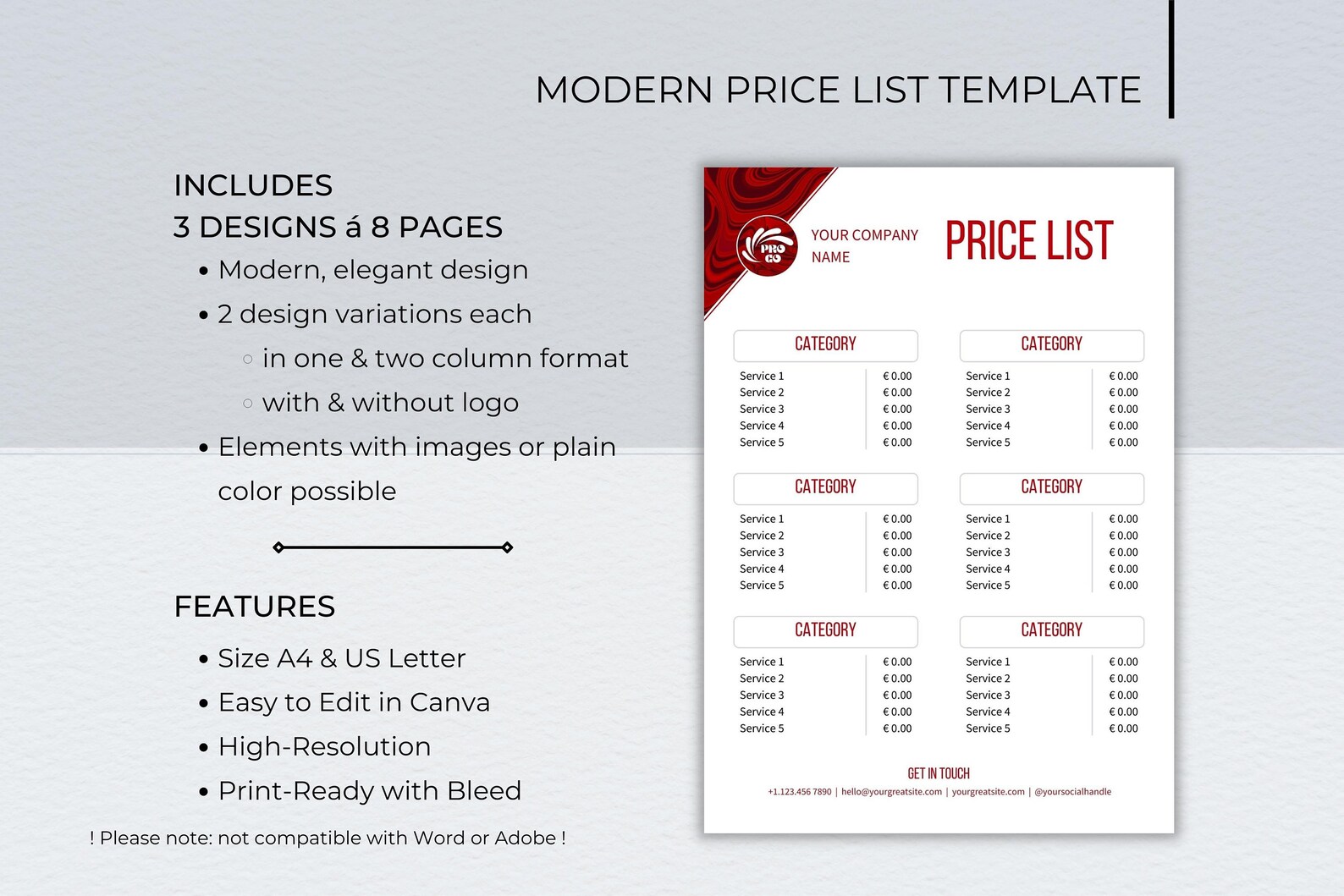 Price List Canva Template, Fully Editable Price Sheet, Printable Price ...